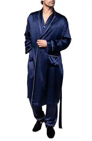 PETITE PLUME Piped Silk Robe - Navy