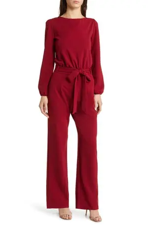 NIKKI LUND Joy Long Sleeve Tie Waist Jumpsuit - Burgundy