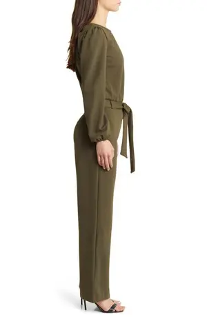 NIKKI LUND Joy Long Sleeve Tie Waist Jumpsuit - Olive