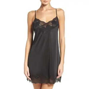 Natori Enchant Lace Trim Satin Chemise - Black