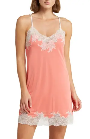 Natori Enchant Lace Trim Satin Chemise Bright Coral