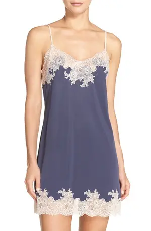 Natori Enchant Lace Trim Satin Chemise Night Blue