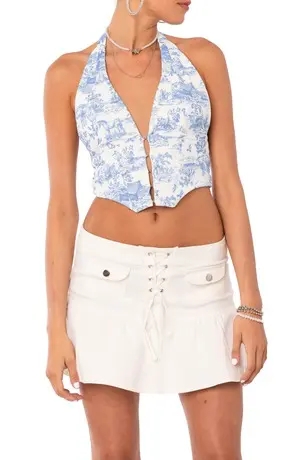 EDIKTED Delft Print Open Back Halter Top