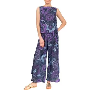 EVERYDAY RITUAL Piper Wide Leg Sleeveless Cotton Pajamas - Midnight Garden