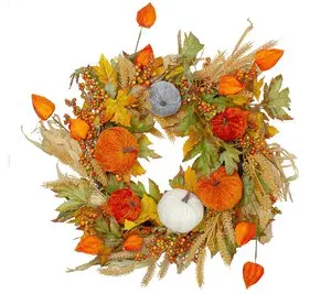 NORTHLIGHT Velvet Pumpkins & Wheat Fall Harvest Wreath 24 - One-color