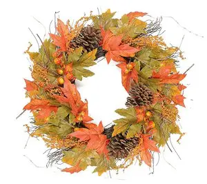 NORTHLIGHT Fall Leaves Pinecones & Orange Berry Wreath 24 - One-color