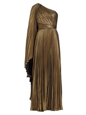 Marchesa Women's Pleated Cape Sleeve Gown - Gold  - Gold