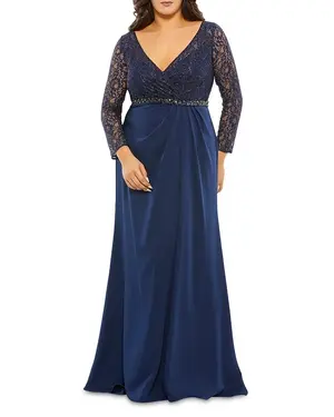 Mac Duggal Lace Illusion Long Sleeve V-neck Draped Gown