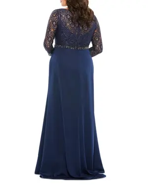 Mac Duggal Lace Illusion Long Sleeve V-neck Draped Gown