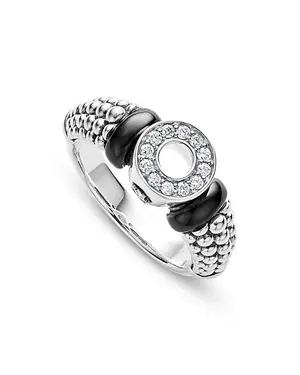 Lagos Sterling Silver, Black Caviar Ceramic, And Diamond Circle Bead Ring - Silver/black