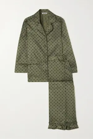 Batsheva Ruffled Polka-dot Flocked Satin-twill Pajama Set