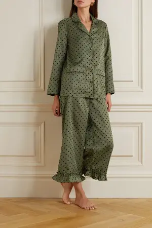 Batsheva Ruffled Polka-dot Flocked Satin-twill Pajama Set