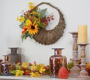 NORTHLIGHT Cornucopia & Sunflower W/ Pumpkins W Reath 20