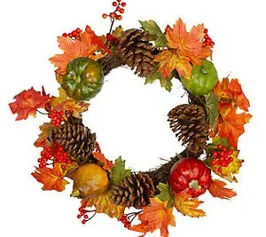 NORTHLIGHT Leave Pine Cones & Pumpkins Fall Har Est Wreath 20 - One-color