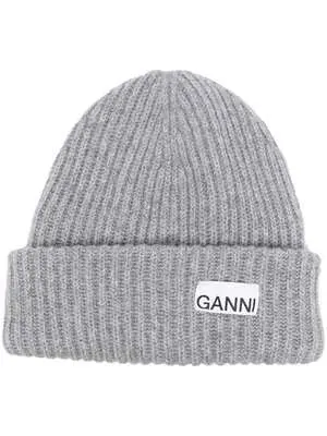 GANNI Logo-patch Rib-knit Beanie - Grey