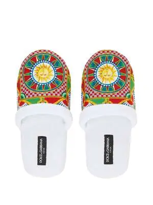 DOLCE & GABBANA CASA Dolce & Gabbana Carretto Siciliano-print Terry Slippers - White