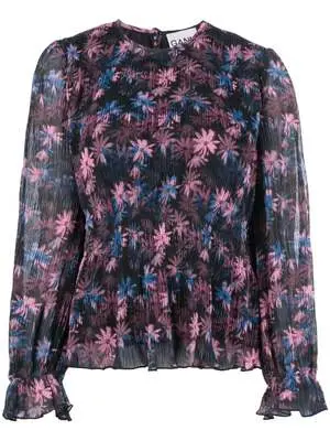 GANNI Floral-print Long-sleeved Blouse - Black