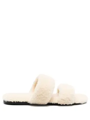 Saint Laurent Shearling Flat Slides - Neutrals