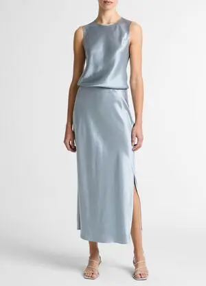 Vince Satin Side-slit Midi Skirt - Light Lagoon