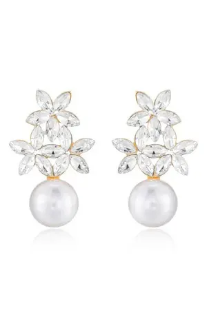 Ettika Floral Crystal & Imitation Pearl Drop Earrings - Gold