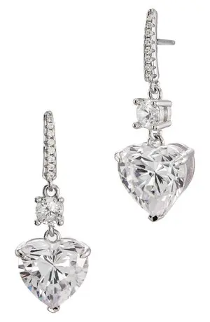 SAVVY CIE JEWELS Rhodium Plated Sterling Silver Cubic Zirconia Heart Drop Huggie Earrings - White