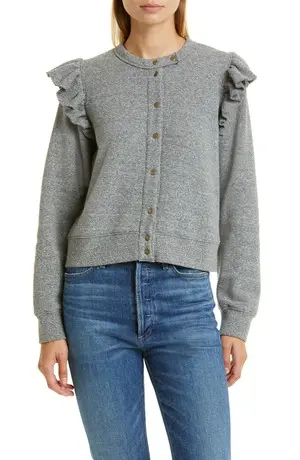 Clare V. Le Snap Ruffle Shoulder Cotton Blend Sweatshirt