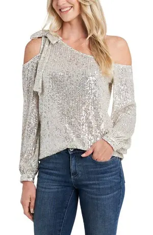 CECE DUPRAZ One-shoulder Sequin Top With Bow Detail - Champagne
