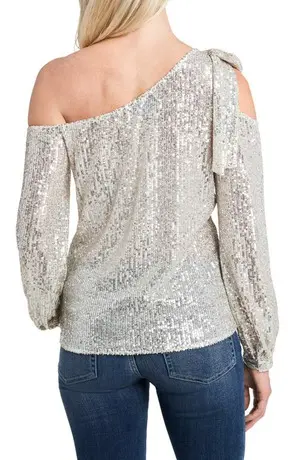 CECE DUPRAZ One-shoulder Sequin Top With Bow Detail - Champagne