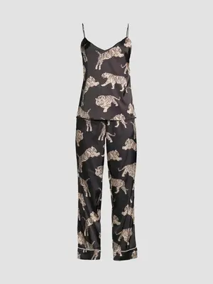 AVERIE Sierra 2-piece Tiger-print Satin Pajama Set - Black