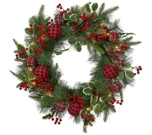 GLITZHOME 24' Ornaments Berry Holly And Pine Li Ghted Wreath - One-color