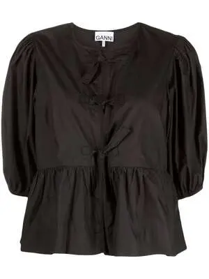 GANNI Cotton Poplin Peplum Tie Blouse