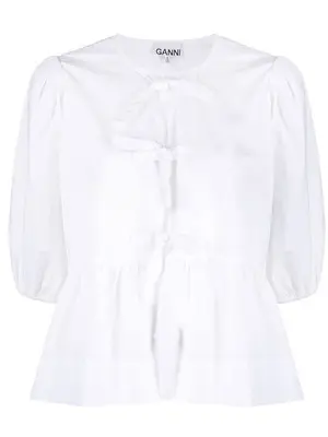 GANNI Cotton Poplin Peplum Tie Blouse