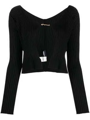 Jacquemus Ribbed Knit Logo Cardigan - Black