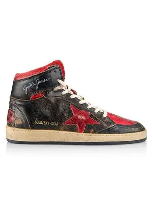 GOLDEN GOOSE Men's Sky Star Laminated Sneakers - Black Red  Black Red
