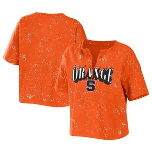 WEAR BY ERIN ANDREWS Syracuse Bleach Wash Splatter Cropped Notch Neck T-shirt - Orange