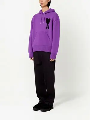 AMI Paris Logo-intarsia Knit Hoodie - Purple