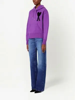 AMI Paris Logo-intarsia Knit Hoodie - Purple