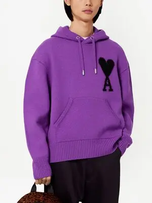 AMI Paris Logo-intarsia Knit Hoodie - Purple