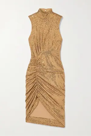 Michael Kors Ruched Sequined Crepe Midi Dress - Brown