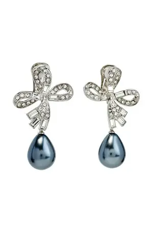 KENNETH JAY LANE Crystal Bow Pearl Drop Clip Earrings - Grey