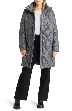 Sam Edelman Longline Hooded Quilted Puffer Jacket - Grey