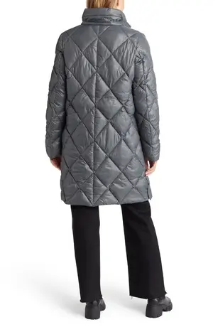 Sam Edelman Longline Hooded Quilted Puffer Jacket - Grey