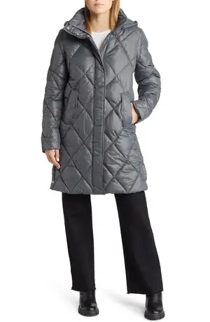 Sam Edelman Longline Hooded Quilted Puffer Jacket - Grey