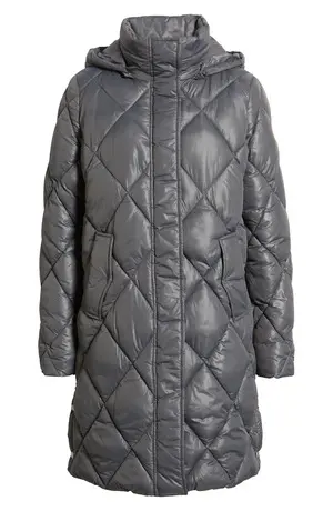 Sam Edelman Longline Hooded Quilted Puffer Jacket - Grey