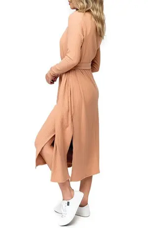 GIBSONLOOK Ribbed Longline Cardigan With Sash - Almond Bisque
