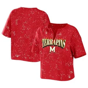 WEAR BY ERIN ANDREWS Maryland Terrapins Bleach Wash Splatter Cropped Notch Neck T-shirt - Red