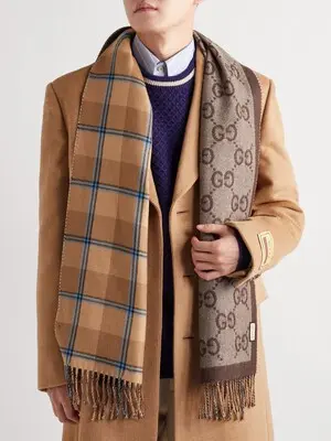 Gucci Fringed Logo-jacquard And Checked Wool Scarf