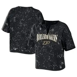 WEAR BY ERIN ANDREWS Purdue Boilermakers Bleach Wash Splatter Cropped Notch Neck T-shirt - Black