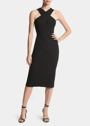 Michael Kors Crossover-Neck Boucle Wool Crepe Midi Dress - Black