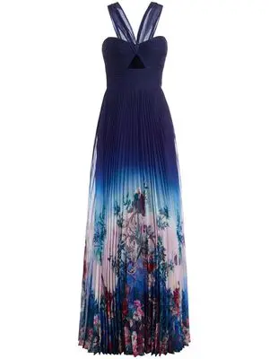 Marchesa Floral-print Pleated Gown